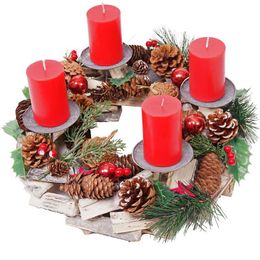 Adventskranz HHG 492, Weihnachtsdeko Adventsgesteck Weihnachtsgesteck, Holz rund ø 33cm inkl. 4x Kerzen rot - multicolour