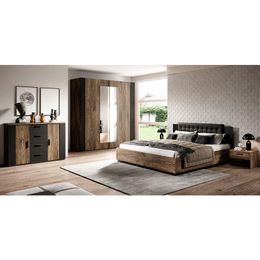 Lomadox Schlafzimmer Set inkl. Bett und Lattenrost, Liegefläche 180 x 200 cm SOLMS-83 in Flagstaf Eiche dunkel Nb. und silber, kombiniert mit schwarz - braun