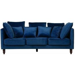 Beliani - Sofa Blau Samtstoff 3-Sitzer Elegant Skandinavisch Zierkissen Wohnzimmer - Dunkler Holzfarbton