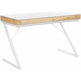 Beliani - Schreibtisch Weiß / Heller Holzfarbton 120 x 60 cm 2 Schubladen Bürotisch Computertisch Modernes Design - Heller Holzfarbton