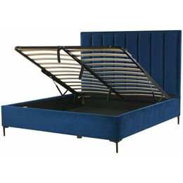 Beliani Polsterbett Samtstoff Blau 160x200 cm mit Bettkasten hochklappbar für Schlafzimmer Doppelbett Ehebett - Schwarz
