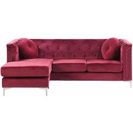 Beliani Ecksofa Burgunderrot aus Samtstoff L-Förmig Rechtsseitig mit Zierkissen Wohnzimmer Modernes Design - Silber