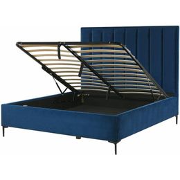 Beliani Polsterbett Samtstoff Blau 140x200 cm mit Bettkasten Hochklappbar für Schlafzimmer Doppelbett Ehebett - Schwarz