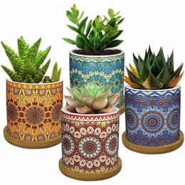 LONGZIMING 4PCS Blumentopf, 2,8 Zoll Mini-Keramik-Sukkulenten-Töpfe, Gartenbau-Pflanzgefäß mit Bambus-Tablett für kleine Pflanzen, Blumen, Kakteen,