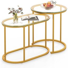 Couchtisch Glas, 2er Set, Satztisch mit Tischplatte aus gehärtetem Glas, Beistelltisch, Kaffeetisch, Sofatisch, Wohnzimmertisch, Gold - Costway