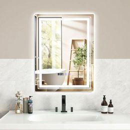 Costway - Beschlagfreier LED-Badezimmerspiegel 70x50cm, rechteckiger Kosmetikspiegel mit 3 Lichtfarben Memory-Funktion, beleuchteter Wandspiegel für