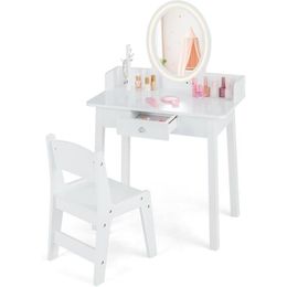 Costway 2 in 1 Kinder Schminktisch mit Hocker, Frisiertisch mit beleuchtetem Spiegel, Schublade & Schmuck-Organizer, Kosmetiktisch Prinzessin aus Holz für