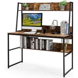 Costway - Schreibtisch mit Ablage, Computertisch aus Holz mit Metallrahmen & verstellbaren Fußpads, Arbeitstisch mit offenem Bücherregal, 120 x 57 x
