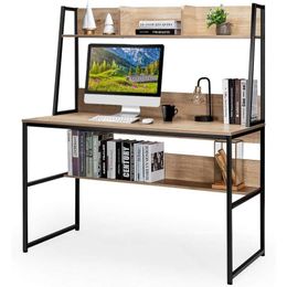 Costway Schreibtisch mit Ablage, Computertisch aus Holz mit Metallrahmen & verstellbaren Fußpads, Arbeitstisch mit offenem Bücherregal, 120 x 57 x