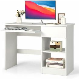 Costway - Schreibtisch mit Tastaturablage, Schublade und verstellbarem Regal, Computertisch, PC-Tisch, Bürotisch für kleine Räume, weiß, 108 x 48 x