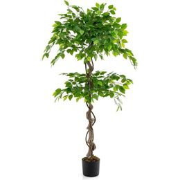 Costway - 150 cm Kunstpflanze grün, Künstliche Pflanze Ficus Benjamin, Dekopflanze mit natürlichem Holzstamm & Blättern, Zimmerpflanze Deko,