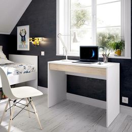 Schreibtisch Forato, platzsparender Mehrzweck-Büroschreibtisch, linearer Arbeitstisch mit 1 Schublade, 90 x 50 x 74 cm, Weiß und Eiche - Dmora
