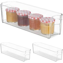 Relaxdays 3 x Kühlschrank Organizer, schmaler Küchen Organizer mit Griffen, für Lebensmittel, 10 x 11 x 37,5 cm, transparent