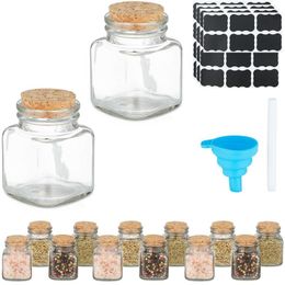 Gewürzgläser, 14er Set, Gewürzdosen Glas, 100 ml, inkl. Etiketten & Trichter, Korkdeckel, transparent/natur - Relaxdays