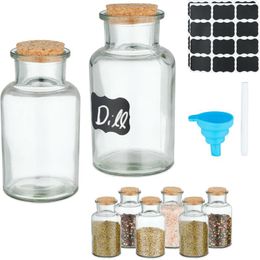 Gewürzgläser 8er Set, Korkdeckel, Gewürzdosen Glas, 250 ml, inkl. Etiketten, Stift & Trichter, transparent - Relaxdays