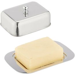 Relaxdays - Butterdose, mit Deckel, glänzender Edelstahl, für 250 g Butter, HxBxT: 7 x 18,5 x 12 cm, Butterschale,silber