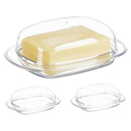 Butterdose, 3er Set, mit Deckel, Kunststoff, 250 g Butter, HxBxT: 6,5x18,5x12,5 cm, Butterschale, transparent - Relaxdays