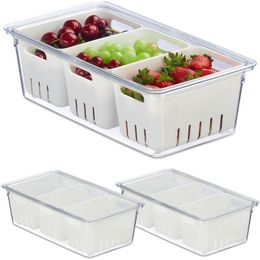 Relaxdays - Kühlschrank Organizer, 3er Set, stapelbar, 3 Abtropfkörbe, Lebensmittel Organizer mit Deckel, transparent/weiß