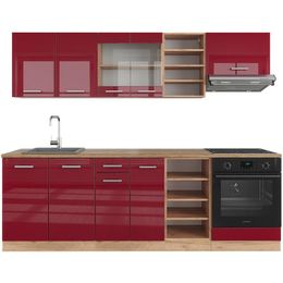 Küchenzeile R-Line 240cm Eiche/Bordeaux-Rot Hochglanz Modern VICCO