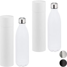 Relaxdays 2 x Thermo Trinkflasche, doppelwandige Vakuum Isolierflasche, 1 Liter, unterwegs, Edelstahl, auslaufsicher, weiß