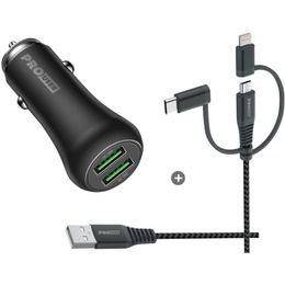 Pro User Prouser - Dual kfz USB-Lader-Set 20173, 36 w, 3in1 USB-Kabel, schwarz