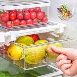 Kühlschrank-Schubladen-Organizer mit 4 Gittern, Kühlschrank-Organizer, erweiterbar mit Griff, Regalhalter, Aufbewahrungsbox, transparenter Behälter