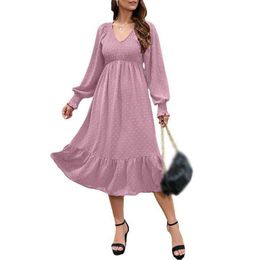 AFAZ New Trading UG Sommerkleid Damen Midikleid Langarm V-Ausschnitt Freizeitkleid Rüschen Kleid