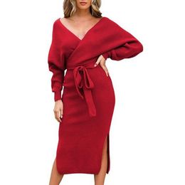 AFAZ New Trading UG Sommerkleid Damen Elegant Pullover Midikleid Tunika V-Ausschnitt Langarm Kleid