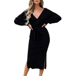 AFAZ New Trading UG Sommerkleid Damen Elegant Pullover Midikleid Tunika V-Ausschnitt Langarm Kleid