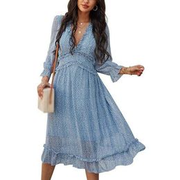 AFAZ New Trading UG Sommerkleid Damen Lange Kleid Rüschen Langarm V-Ausschnitt Maxikleid Partykleid