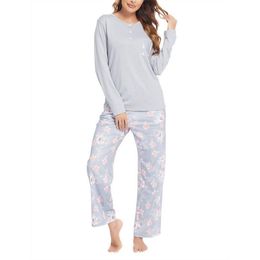 AFAZ New Trading UG Pyjama Bedrucktes Pyjama-Set für Damen im Frühjahr und Sommer Zweiteiliges Damen-Homewear-Set mit langen Ärmeln und Hosen