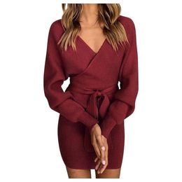 AFAZ New Trading UG Strickkleid Damen kleid Langarm V-Ausschnitt Elegant Pulloverkleid Tunika Rock