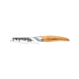 Katai Santoku Messer, 14cm Griff aus Wurzelholz Material: VG10-Stahl, gehämmert / Wurzelholz Besteht aus: Messer verpackt in luxuriöser Holzkiste Geeignet für: Gemüse, Fleisch, Fisch oder Kräuter