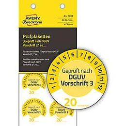 Avery Zweckform 7908 Prüfplaketten „DGUV Vorschrift 3“ 20__zum Selbereintragen, extrem robust, Ø 30 mm, 80 Stück/10 Bogen, Vinylfolie, gelb