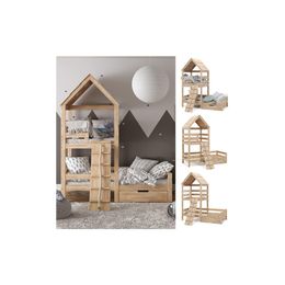 VICCO VitaliSpa Spielturmbett Kinderbett Spielbett Teddy Natur modern 208x235 cm Massivholz Kinderzimmer Lattenrost Bett Schublade Abenteuerbett Kletterbett