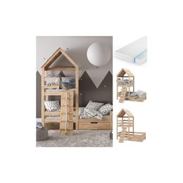 VICCO VitaliSpa Spielturmbett Kinderbett Spielbett Teddy Natur modern 208x235 cm Massivholz Kinderzimmer Lattenrost Bett Schublade Matratze Abenteuerbett Kletterbett