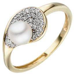 Schmuck Krone Fingerring Ring Damenring mit Süßwasser-Perle & Zirkonia weiß 375 Gold Gelbgold