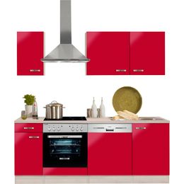 Küchenzeile Optifit "Faro" Komplettküchen-Sets Gr. B/T: 210 cm x 60 cm, rot (küche: glanz, korpus: akaziefarben, arbeitsplatte: akaziefarben) Küchenzeilen mit Elektrogeräte