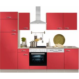Küchenzeile Optifit "Faro" Komplettküchen-Sets Gr. B/T: 270 cm x 60 cm, rot (küche: glanz, korpus: akaziefarben, arbeitsplatte: akaziefarben) Küchenzeilen mit Elektrogeräte