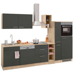 Küchenzeile Optifit "Kalmar" Komplettküchen-Sets Gr. B/T: 300 cm x 60 cm, grau (küche: anthrazit, korpus: eiche hell, arbeitsplatte: hell) Küchenzeilen ohne Elektrogeräte