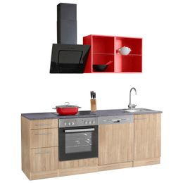 Küchenzeile Optifit "Mini" Komplettküchen-Sets Gr. B/T: 210 cm x 60 cm, rot (küche: eichefarben, rot, anthrazit, korpus: arbeitsplatte: anthrazit) Küchenzeilen mit Elektrogeräte