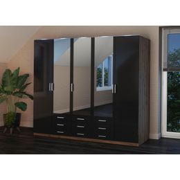 Kleiderschrank Priess "Amsterdam" Schränke Gr. B/H/T: 230 cm x 193 cm x 56 cm, mit Glaskranzblende und LED, 5 St., schwarz (astkernbuche, schwarz) Kleiderschränke