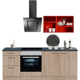 Küchenzeile Optifit "Mini" Komplettküchen-Sets Gr. B/T: 210 cm x 60 cm, rot (küche: eichefarben, rot, anthrazit, korpus: arbeitsplatte: anthrazit) Küchenzeilen mit Elektrogeräte