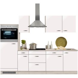 Küchenzeile Optifit "Faro" Komplettküchen-Sets Gr. B/T: 270 cm x 60 cm, weiß (küche: glanz, korpus: akaziefarben, arbeitsplatte: akaziefarben) Küchenzeilen mit Elektrogeräte