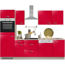 Küchenzeile Optifit "Faro" Komplettküchen-Sets Gr. B/T: 270 cm x 60 cm, rot (küche: glanz, korpus: akaziefarben, arbeitsplatte: akaziefarben) Küchenzeilen ohne Elektrogeräte