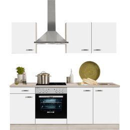 Küchenzeile Optifit "Faro" Komplettküchen-Sets Gr. B/T: 210 cm x 60 cm, weiß (küche: glanz, korpus: akaziefarben, arbeitsplatte: akaziefarben) Küchenzeilen ohne Elektrogeräte