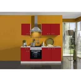 Küchenzeile Optifit "Faro" Komplettküchen-Sets Gr. B/T: 210 cm x 60 cm, rot (küche: glanz, korpus: akaziefarben, arbeitsplatte: akaziefarben) Küchenzeilen mit Elektrogeräte