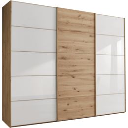 Schwebetürenschrank Wiemann "Cardiff" Schränke Gr. B/H/T: 246,3 cm x 217 cm x 67 cm, Außenpartien Glas weiß, 3 St., braun (bianco, eiche, nachbildung) Schwebetürenschränke und Schiebetürenschränke