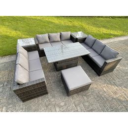 U Form Polyrattan Gartenmöbel Lounge Sofa Set Steigender Verstellbarer Anhebender Esstisch mit 2 Side Couchtisch Extra Groß Hocker - Fimous