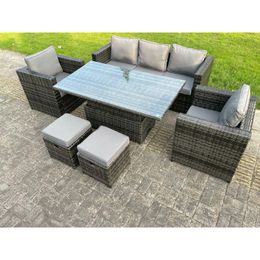 Fimous Rattan Gartenmöbel Set Outdoor Gartensofa Loungemöbel Sitzgruppe Essgruppe Garnitur mit Hocker Dunkelgrau Gemischt